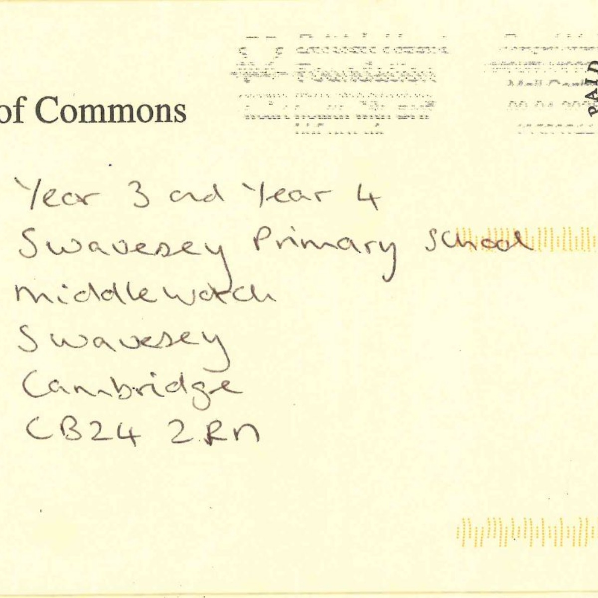 Ian Sollom, MP, replies to our Yr3/4 letters. - Swavesey Primary School